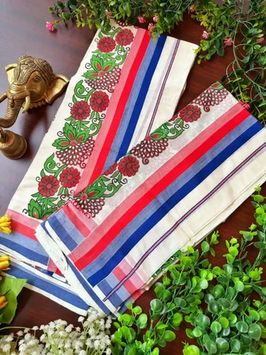 Blue & Red Floral Creeper Designer Cotton Setmundu | HARADHI