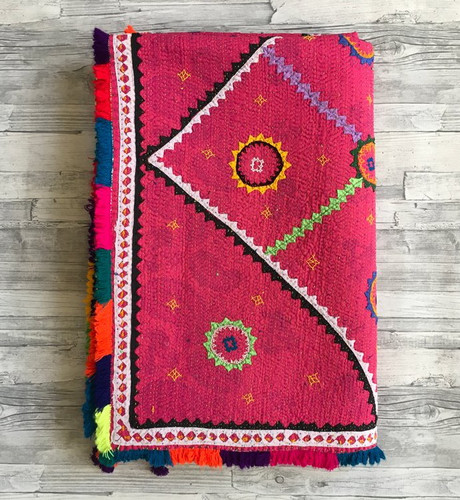 Pink Pakistani Ralli quilt with fringed border | Gallery 196