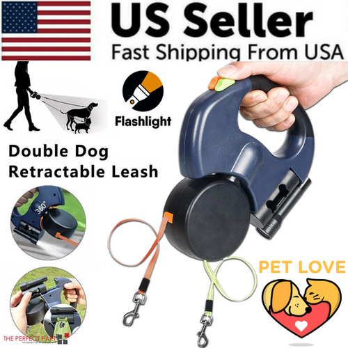 Dual Pet Leash Retractable Reflective Lead 360 Swivel Double Dog ...