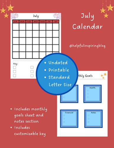 Undated July Calendar Printable | helpfulinspiringblog