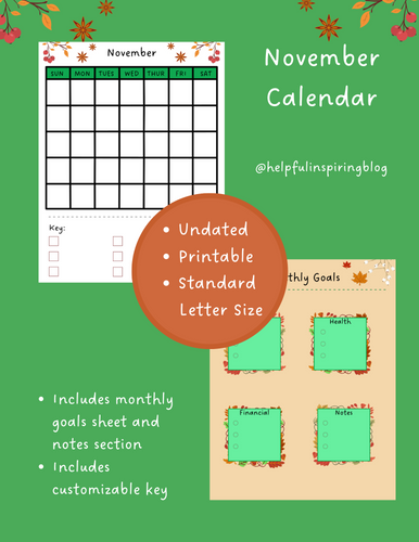 Undated November Calendar Printable | helpfulinspiringblog