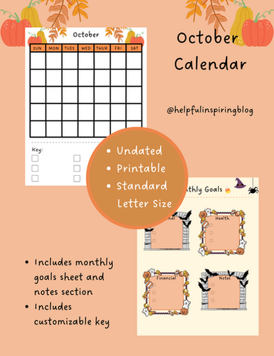 Undated October Calendar Printable | helpfulinspiringblog