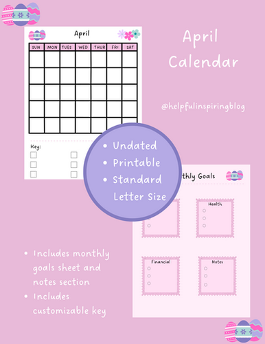 Undated April Calendar Printable | helpfulinspiringblog