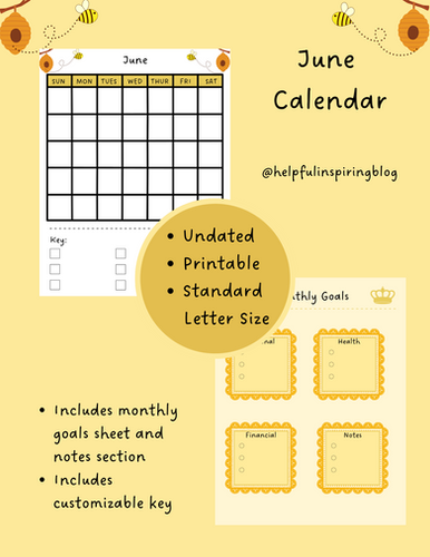 Undated June Calendar Printable | helpfulinspiringblog