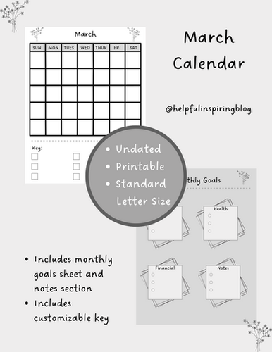 Undated March Calendar Printable | helpfulinspiringblog