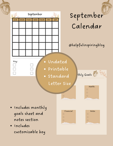 Undated September Calendar Printable | helpfulinspiringblog