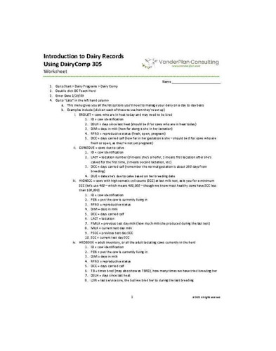 Introduction to Dairy Records Using DairyComp Worksheet | VanderPlan