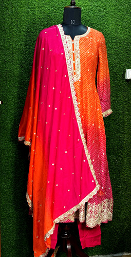 Anarkali Party Wear Suit in Silk : Orange-Magenta | RIDDHI COLLECTIONS