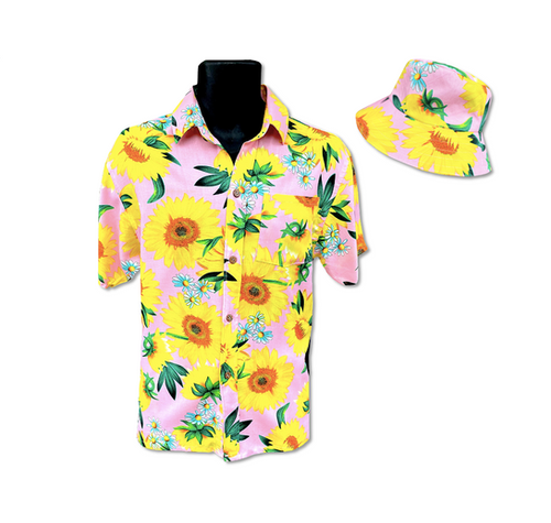 Mens Festival, Mens Rave Outfit - Pink Sunflower Shirt + Hat | Bad Banana