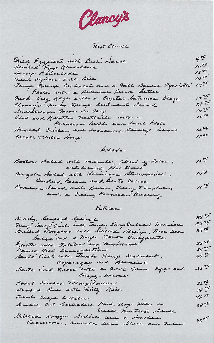 Menus | clancysneworleans