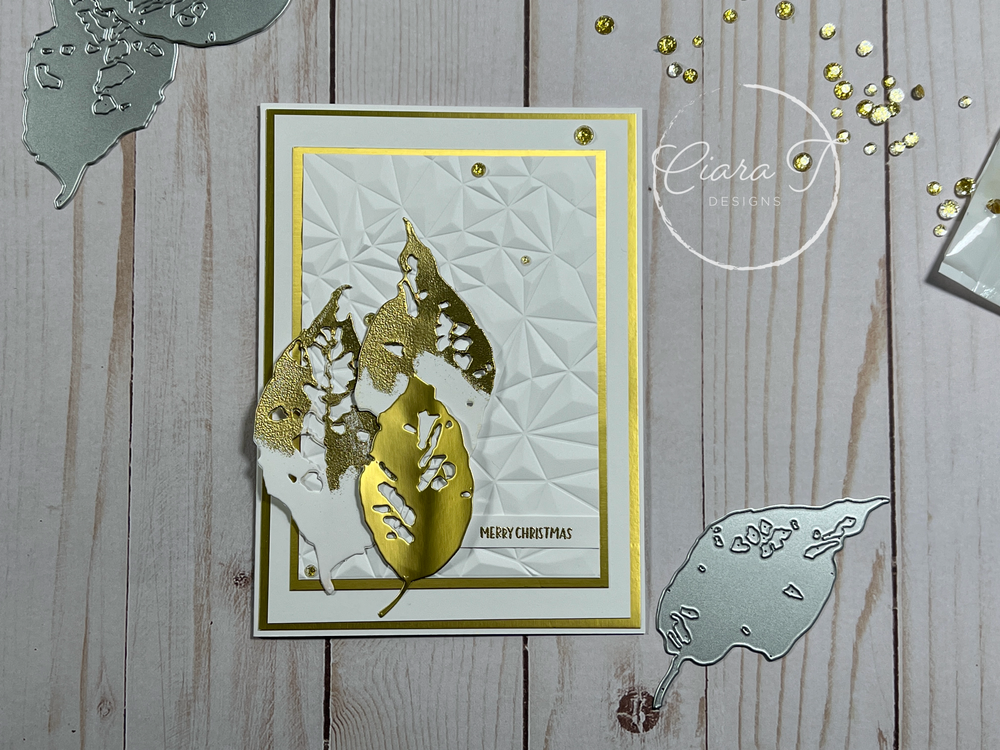 Elegant Gold and White Leaf Christmas Card | Tim Holtz Leaf Fragments Dies