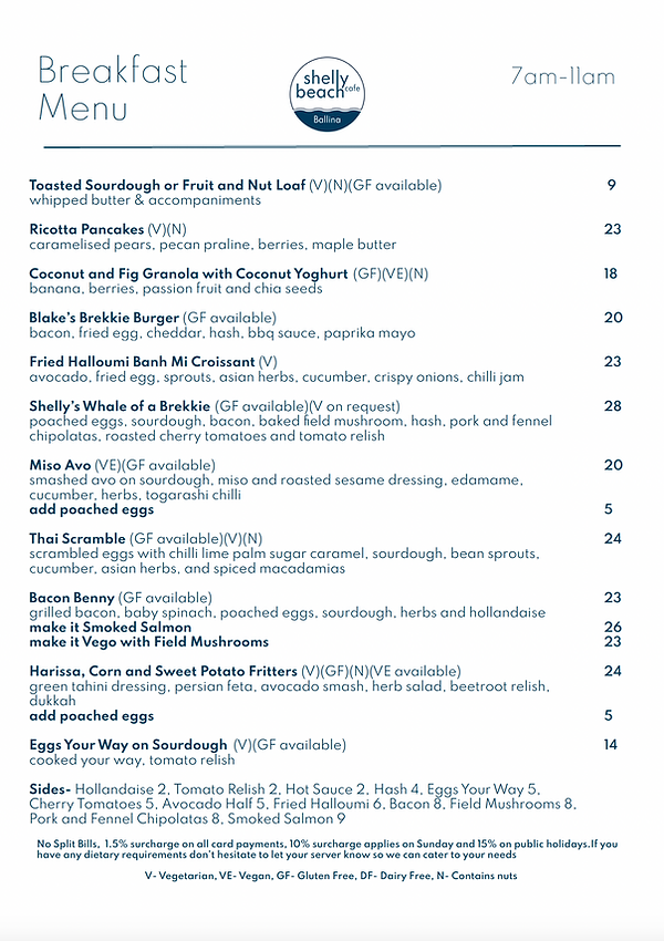 MENU | Shelly Beach Cafe