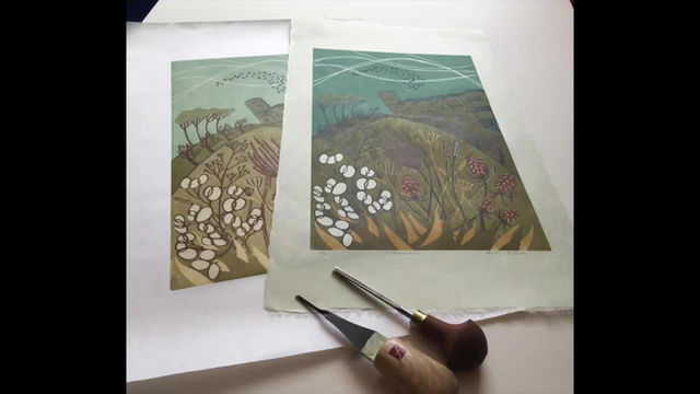 The making of 10-colour reductive linocut "Murmuration"