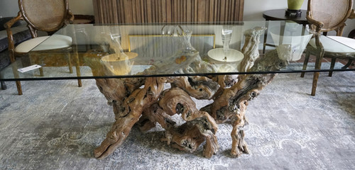Cypress Root Pedestal Dining Table w/ Glass $1999.00 | Fantastic Finds