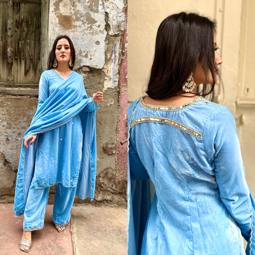 Blue Velvet Mirror Work Suit- Velvet Suit Set | Jyo's Closet