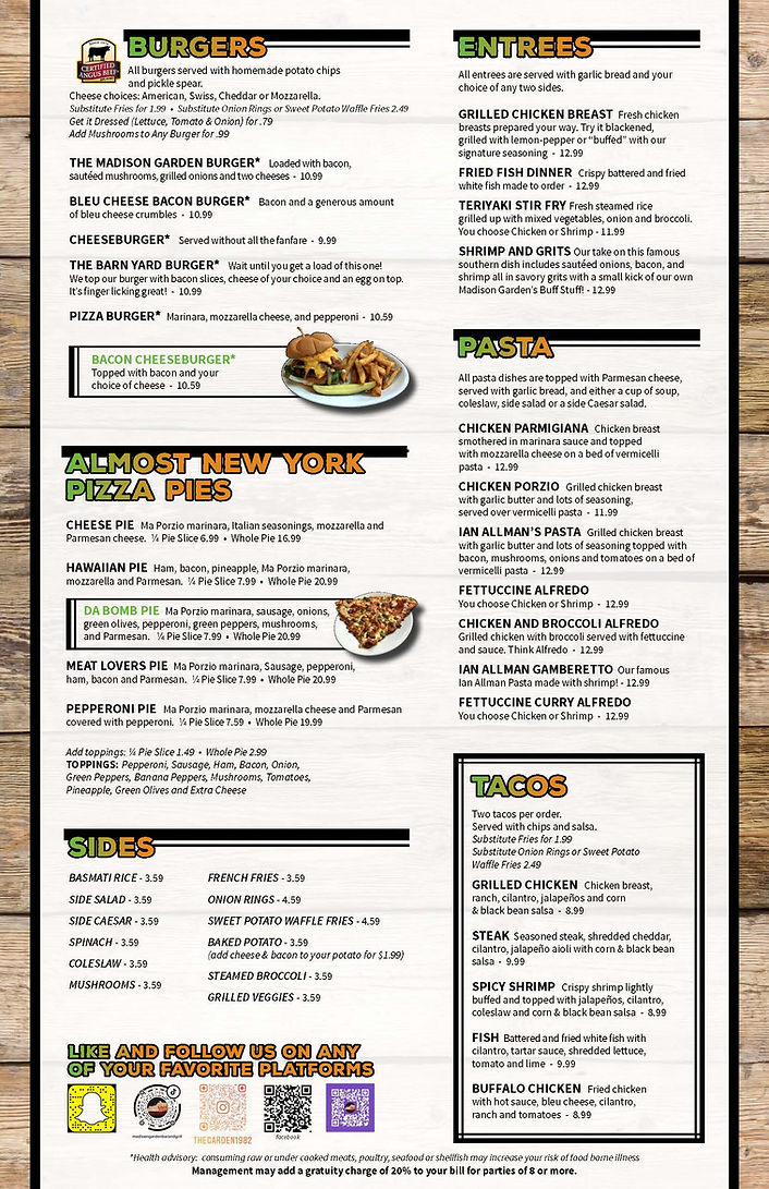 FOOD MENU | Madison Garden | Places to eat in Richmond, Kentucky ...