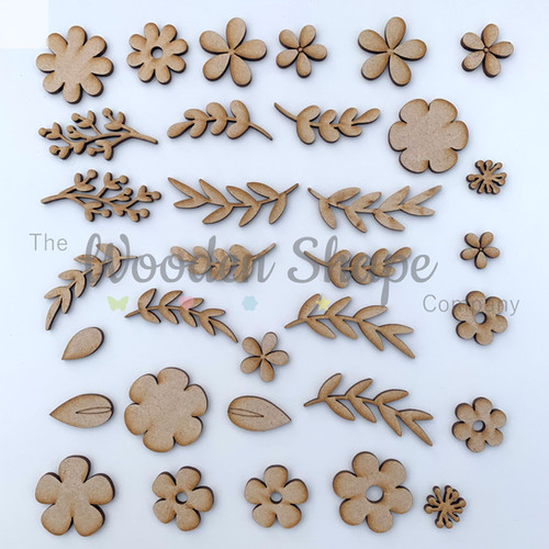 Flower Floral Laurel Pack B 33 Pieces | woodenshapecompany