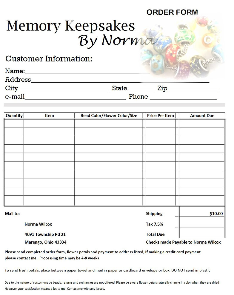 ORDER FORM | memory-keepsakes