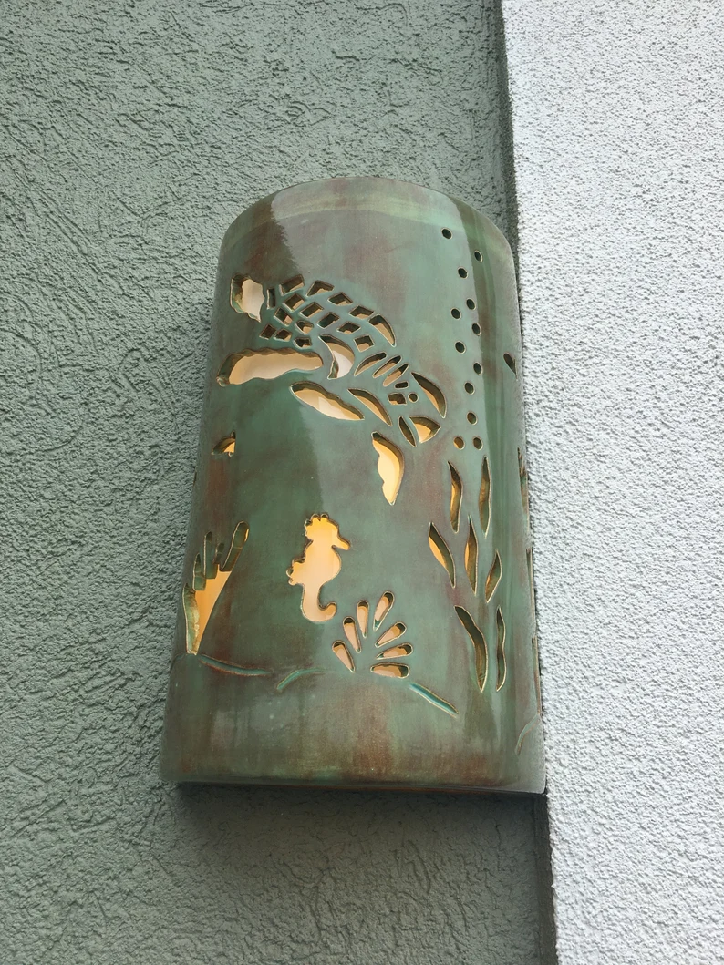 Sea Turtle Swimming Outdoor Ceramic Wall Sconce | CCL