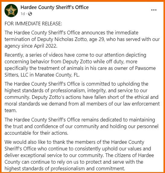 NICHOLAS ANTHONY ZOTTO, former Hardee County Sheriff's Office deputy ...