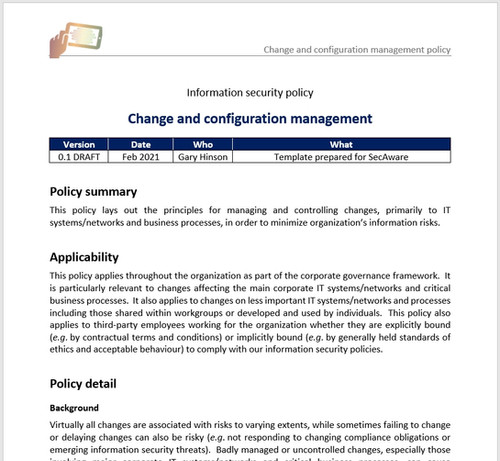 Policy on change and configuration management