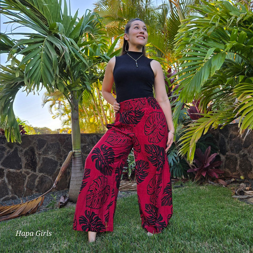 Palazzo Pants Monstera Ruby Red/Black (Size 0-14) | Hapa Girls