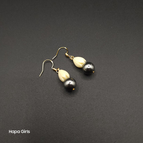 Pikake Single Drop Earrings w/Dark Mother of Pearl, Med. Beads (Gold ...