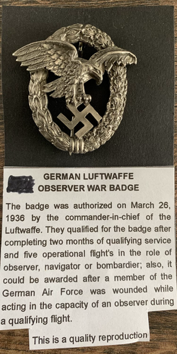 Museum Quality Reproduction Luftwaffe Observer War Badge ...