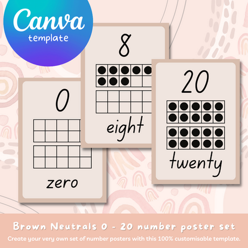 0 - 20 Brown Neutrals Number Poster template set with 20 frame | Miss Gibbs