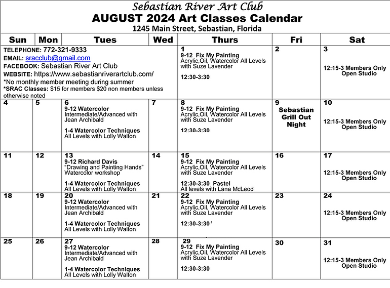 AT-A-GLANCE Class Schedule | sebastianriverartclu