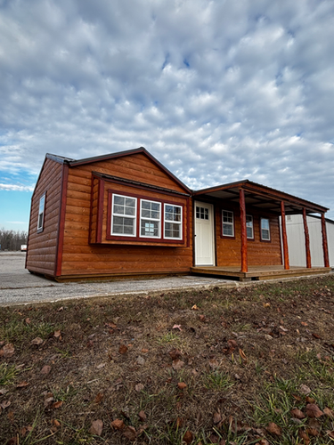 14x30 Log Cabin with bay window 6x18 side porch & Reverse Gable | Shed ...