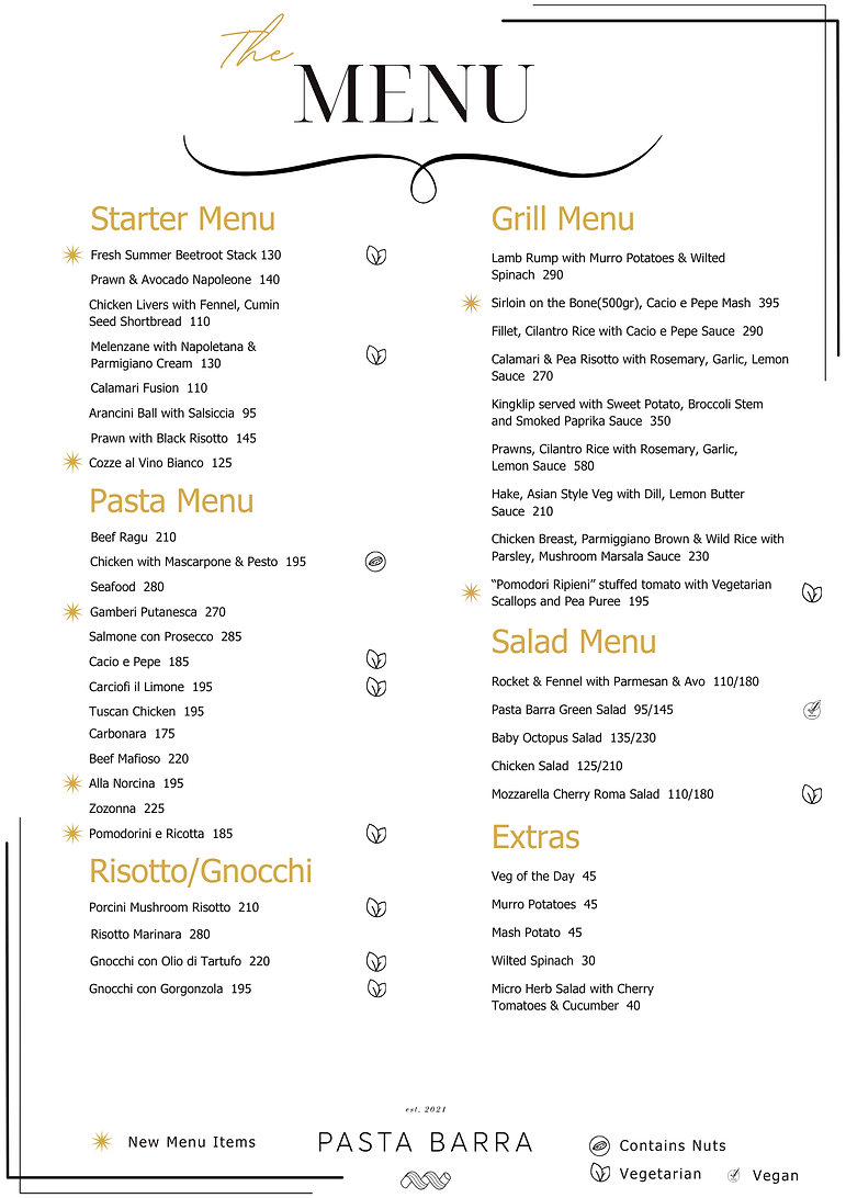 The Menu | Pasta Barra