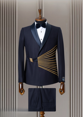Navy Double Breasted Suits with Gold Buckle | Suits Vibes