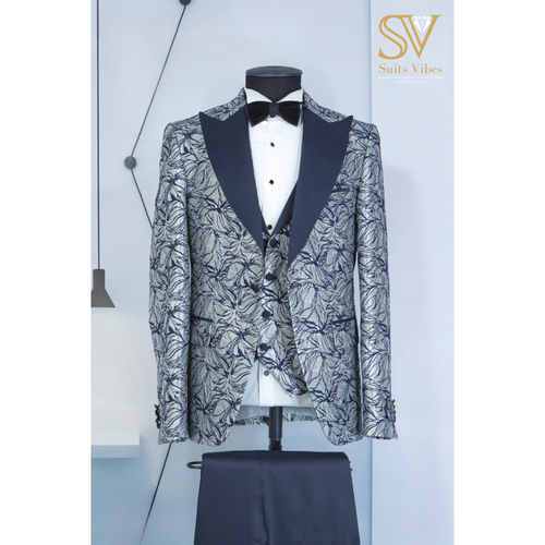 Navy Blue & Grey Tuxedo Suit 3 Piece Turkish Suit | Suits Vibes