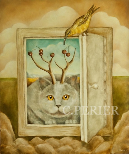 La Cachette du Chat | Peinture à l'huile d'un chat gris aux yeux jaunes ...