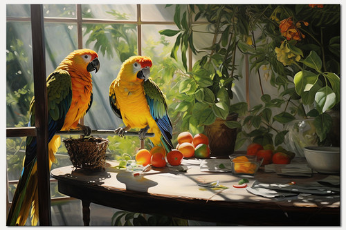 Parrots in Sunlit Atrium | Wall Artistry