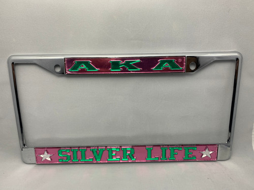 AKA Silver Life w/ Stars License Frame- Pink Background Green Letters ...