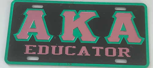 AKA Educator Plate- Blk Bckgrnd Pink Ltrs Green Outline & Rim | Quality ...