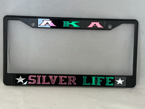 AKA Sliver Life Black License Frame- Black Background Pink Green Ltrs w ...