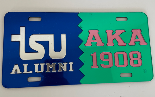 TSU Alumni/ AKA 1908 Tag- Blue Bckgrnd Mirror Ltrs Green Bckgrnd Pink ...