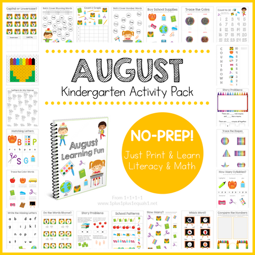 Kindergarten Monthly Activity Pack - August | 1+1+1=1 SHOP