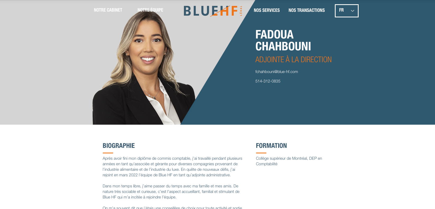 Fadoua Chahbouni | Adjointe à la direction à Montréal | Blue HF Légal