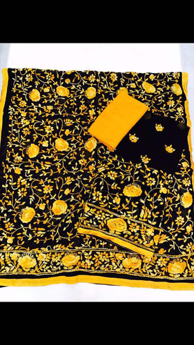 Chiffon embroidery yellow black women suit | dreshare