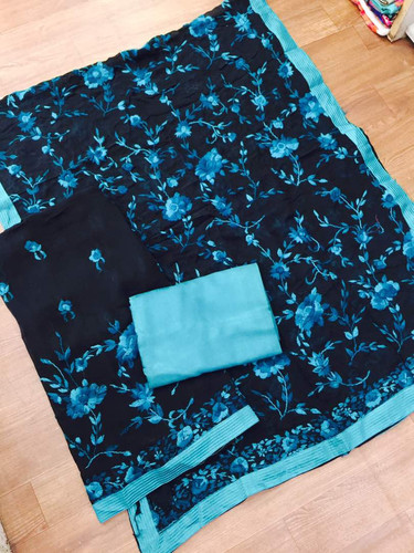 Chiffon embroidery skyblue black women suit | dreshare