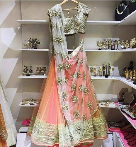 Net mirror work Peach pink women Lehenga | dreshare