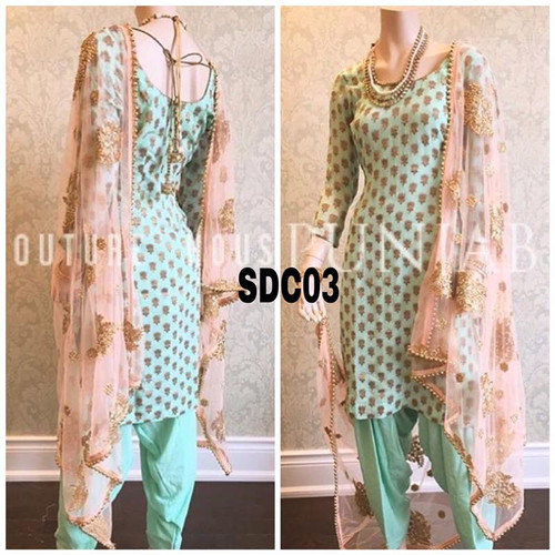 Chanderi geogrette light pista women punjabi suit | dreshare