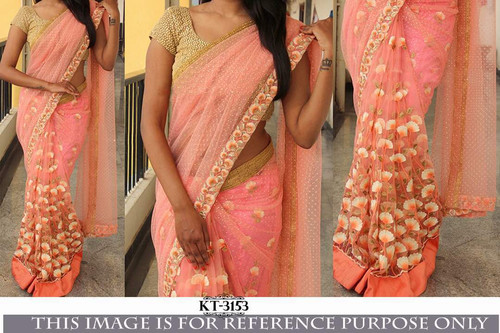 Raw silk and net peach women saree | dreshare