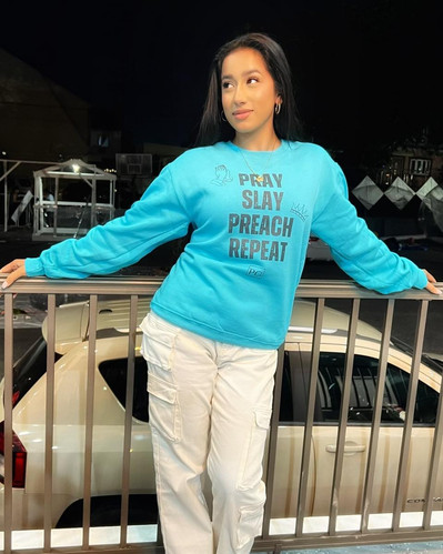 Pray, Slay, Preach, Repeat Scuba Blue Sweater | Preacher Girl
