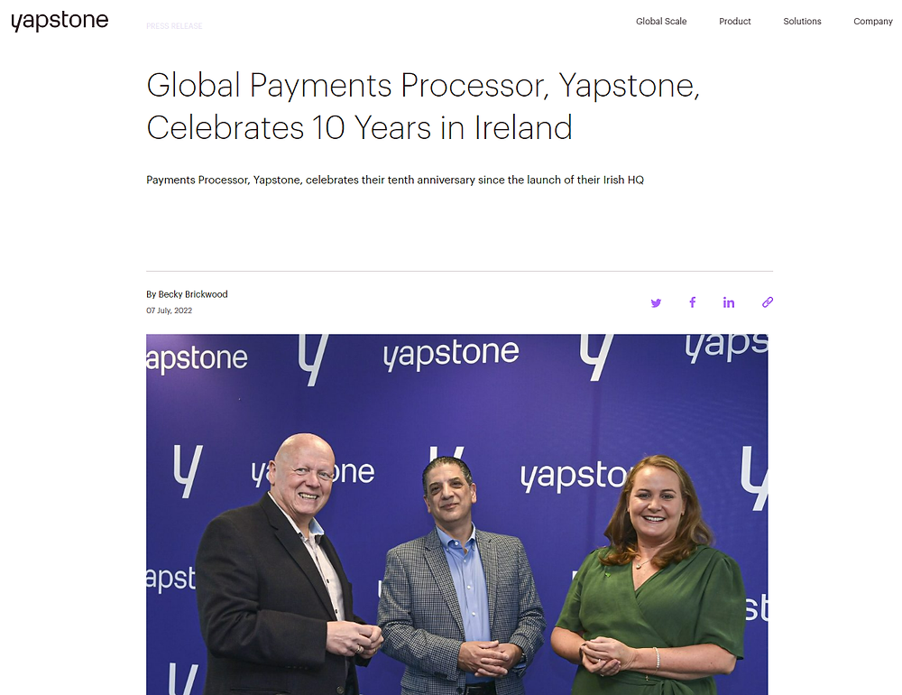Global Payments Processor, Yapstone, Celebrates 10 Years in Ireland