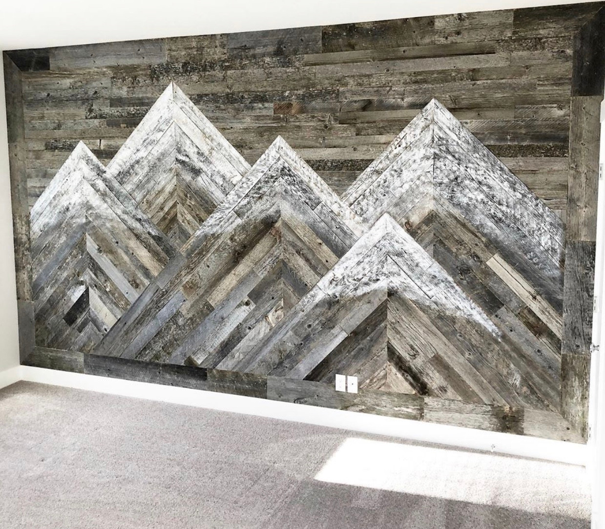 Reclaimed wood feature wall with mountains. | Accent Walls